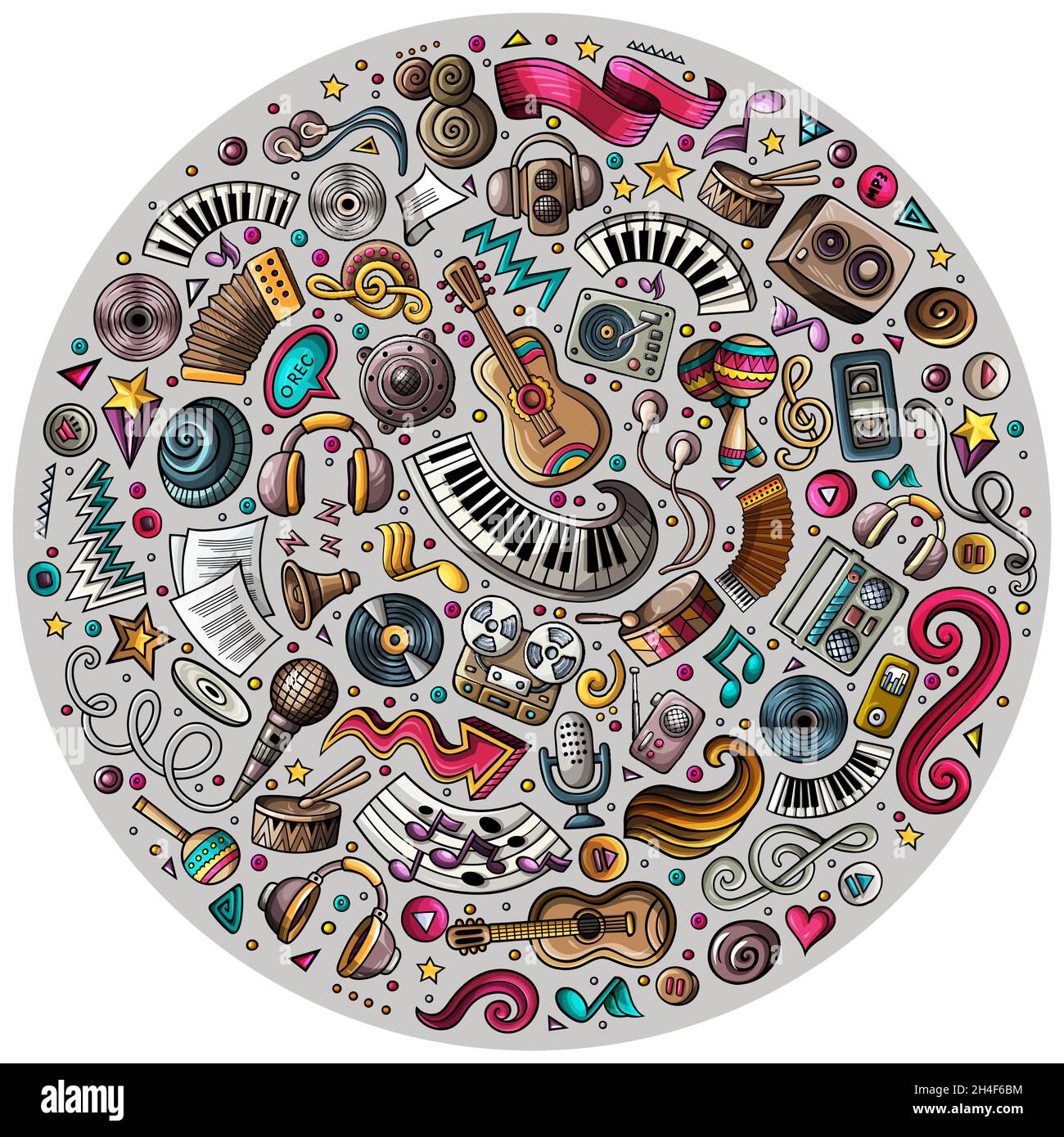 Colorful vector hand drawn set of Musical cartoon doodle objects ...