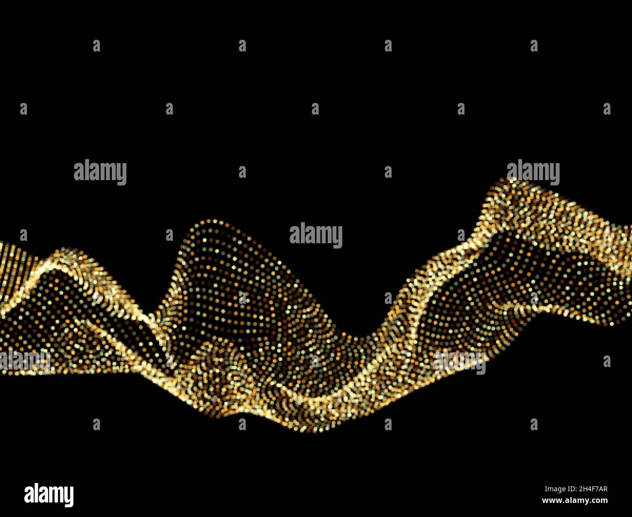 Many shiny gold particles, a sound wave flowing in the dark. Round shiny dots, smooth shiny wave ...