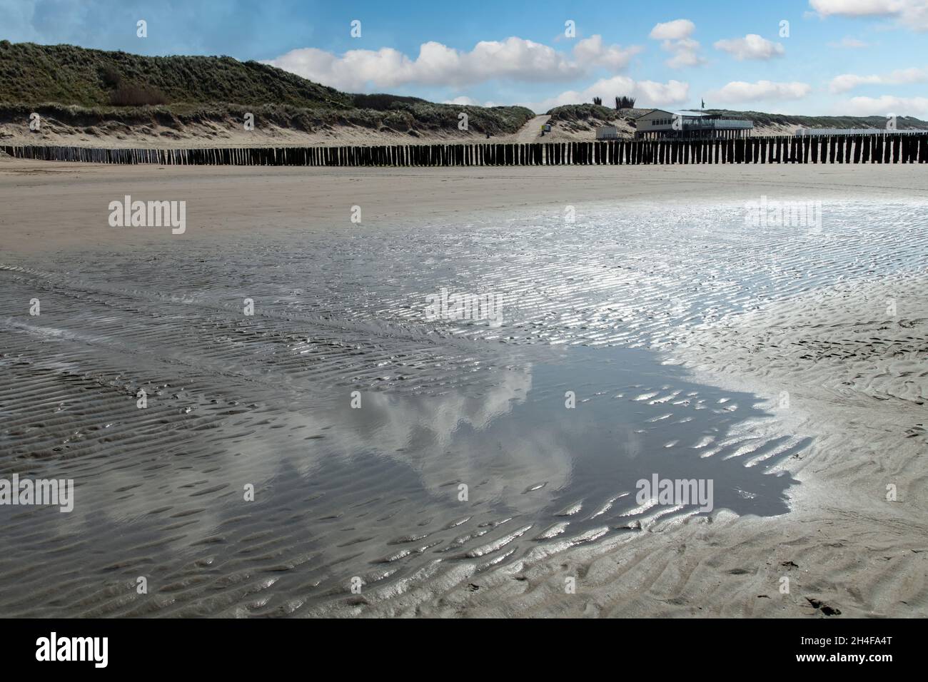 Low angle view over wide beach and dunes of Westkapelle the Netherlands ...