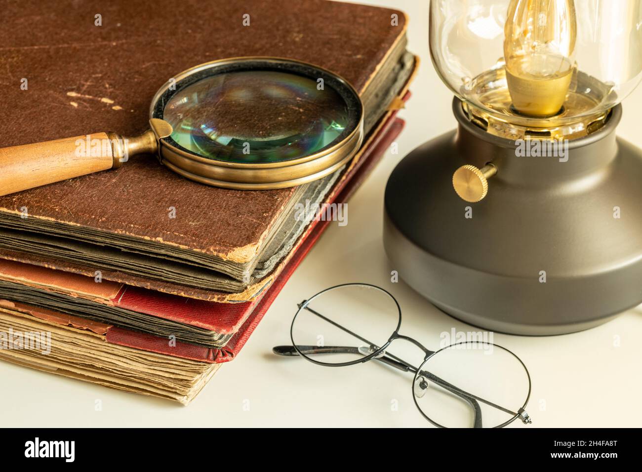 Old Table Albums, Magnifying Glass, Vintage Lamp, Grandfather's Glasses ...