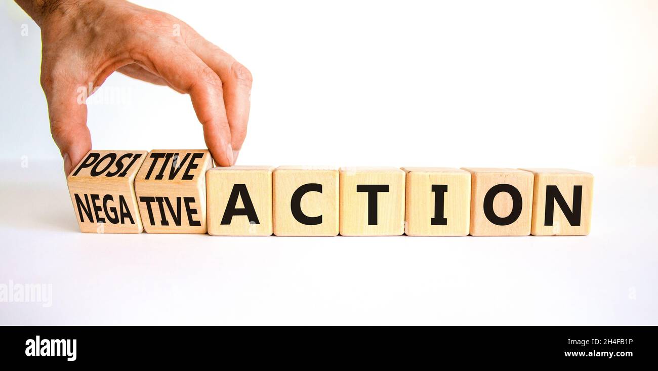 Positive or negative action symbol. Businessman turns cubes and changes ...