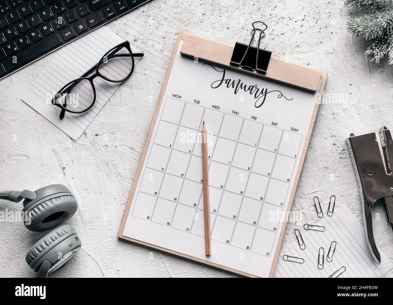 January calendar flat lay. Top view of January calendar on table ...