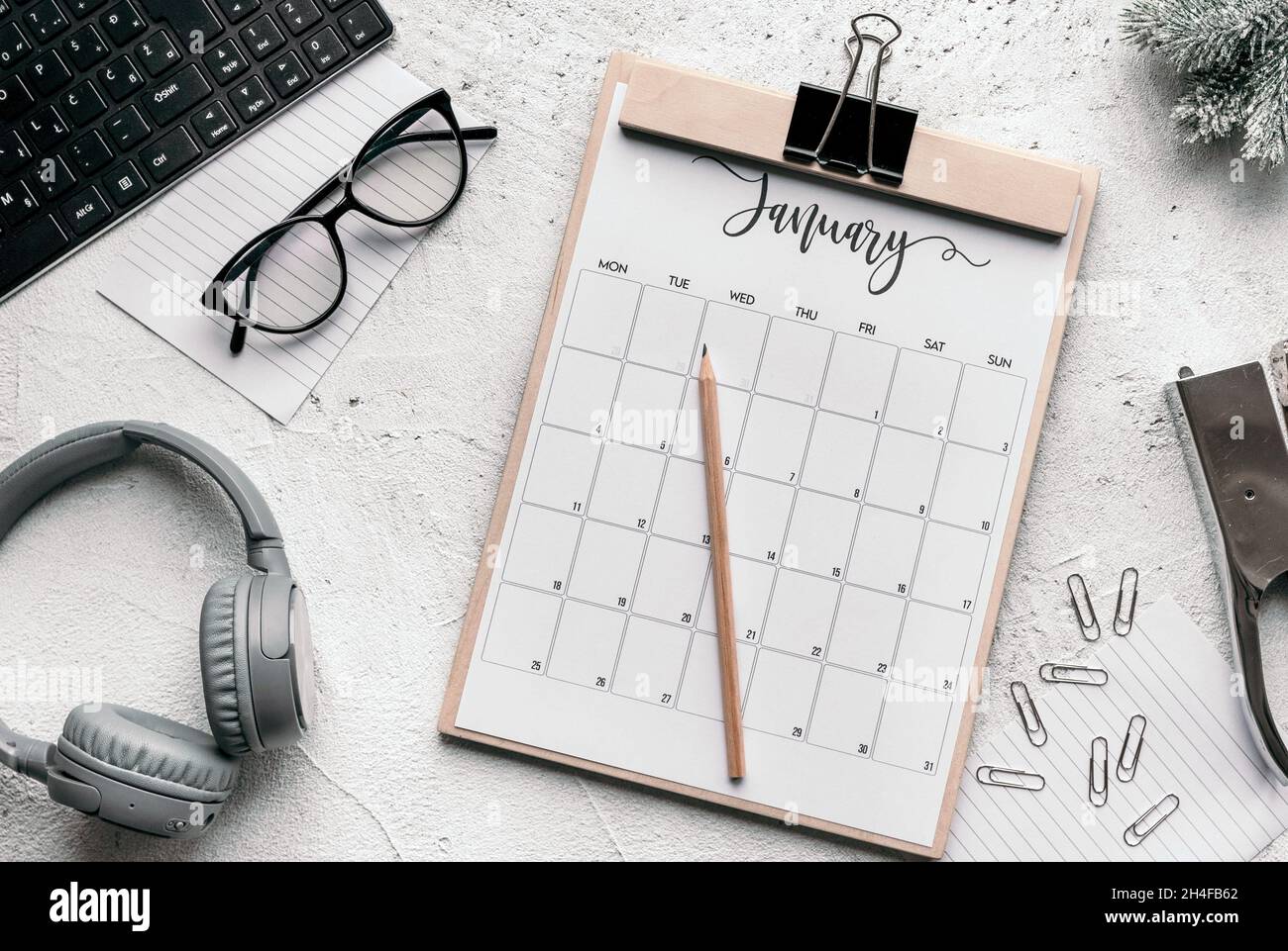 January calendar flat lay. Top view of January calendar on table ...