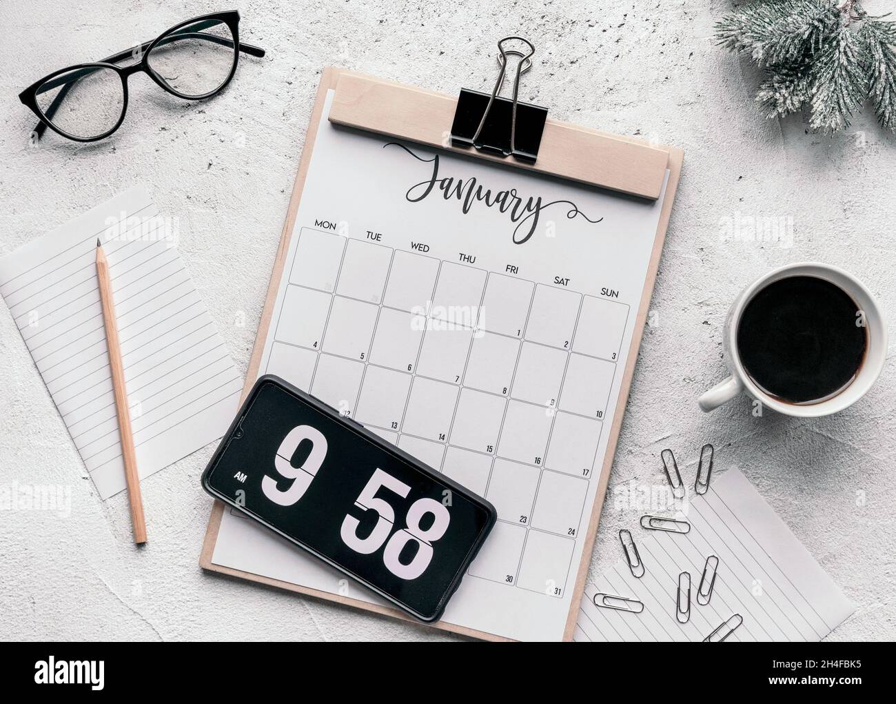 January calendar flat lay. Top view of January calendar on table ...