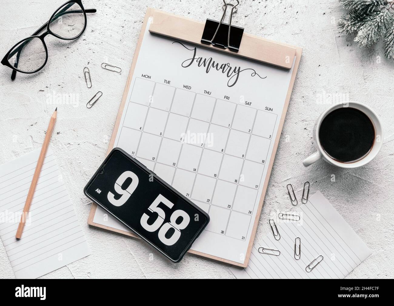 January calendar flat lay. Top view of January calendar on table ...