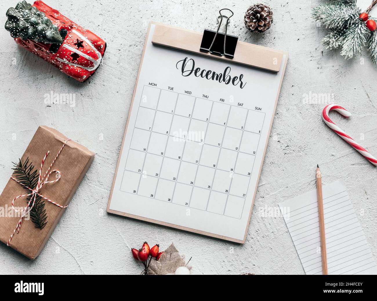 Christmas season flat lay with december calendar and christmas ...