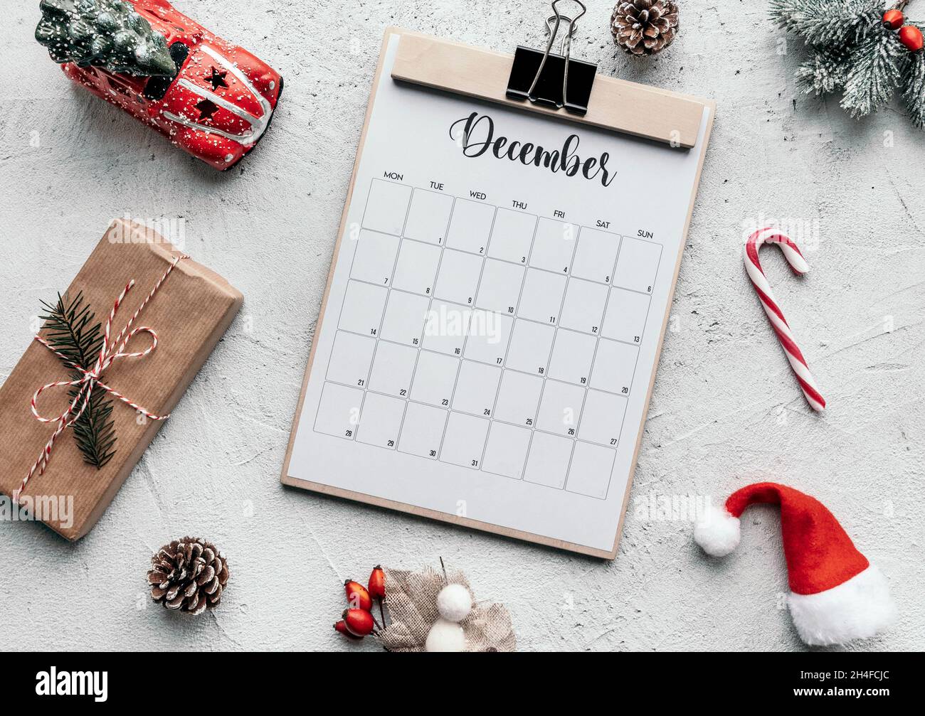 Christmas season flat lay with december calendar and christmas ...