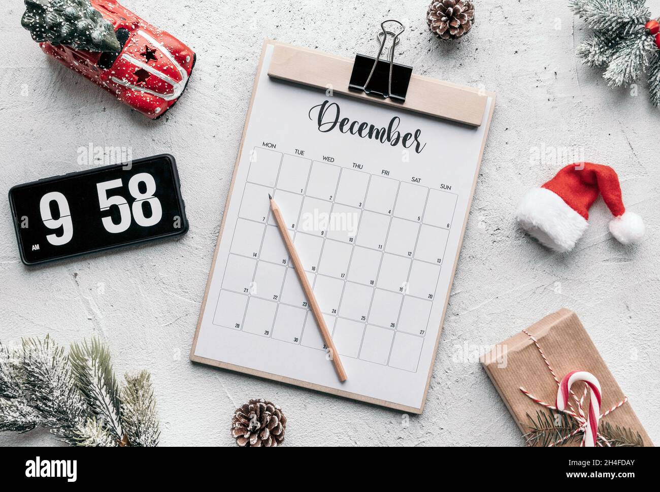 Christmas season flat lay with december calendar and christmas ...