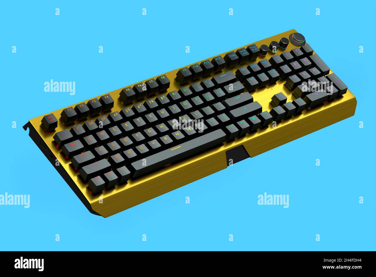 Yellow computer keyboard with rgb colors isolated on blue background ...