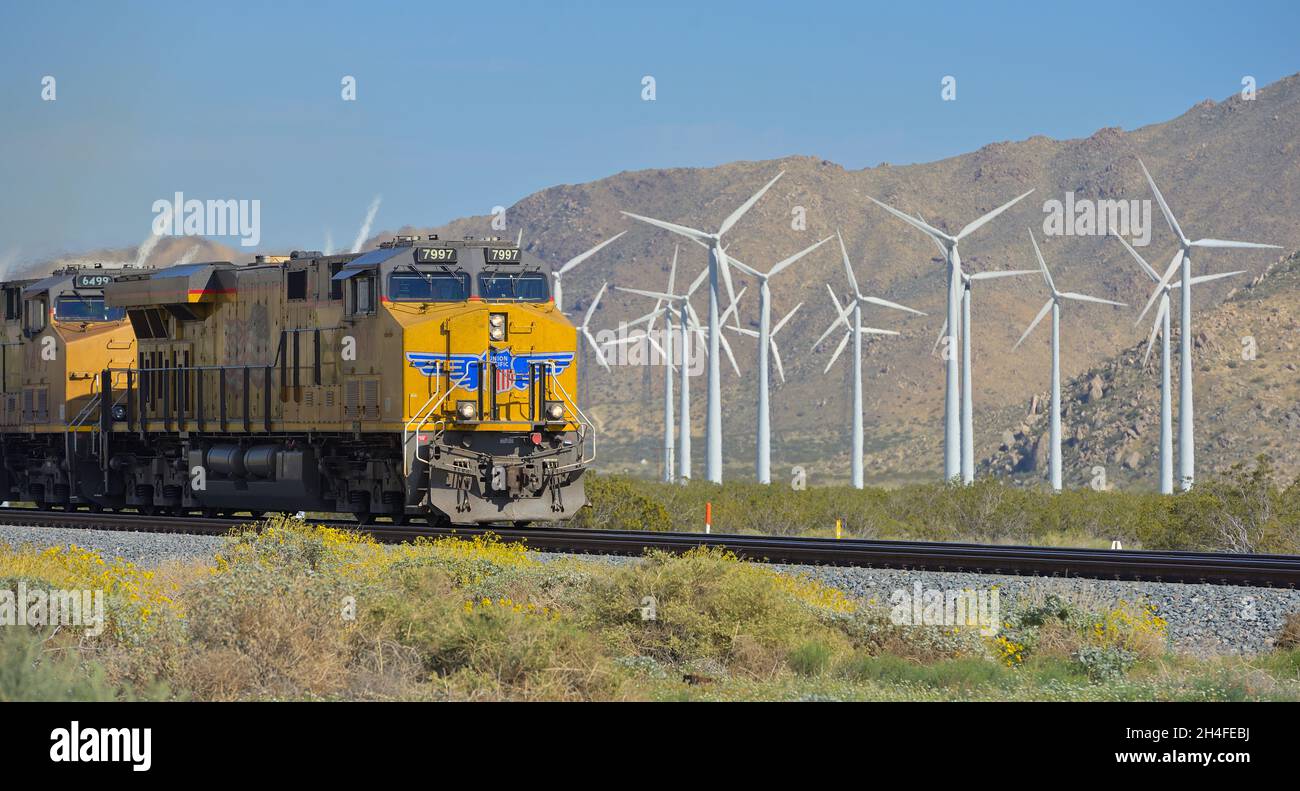 Western Pacific freight trains passing the immense San Gorgonio Pass ...