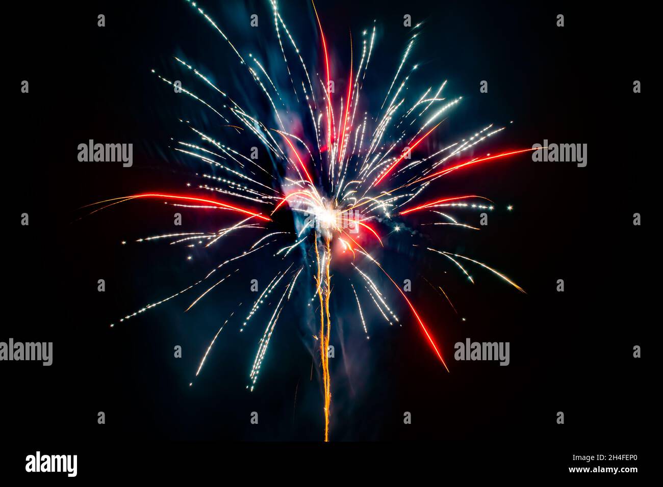 Colorful Fireworks, silver and red, long exposure, horizontal format ...