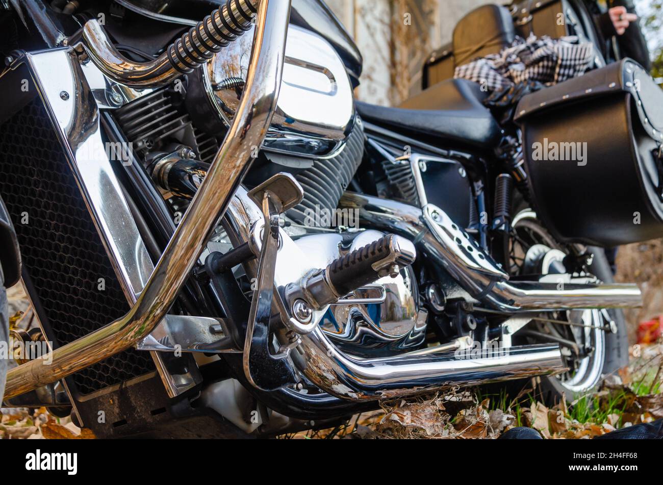 wheel of classic chopper motorcycle in autumn landscape close up Stock ...