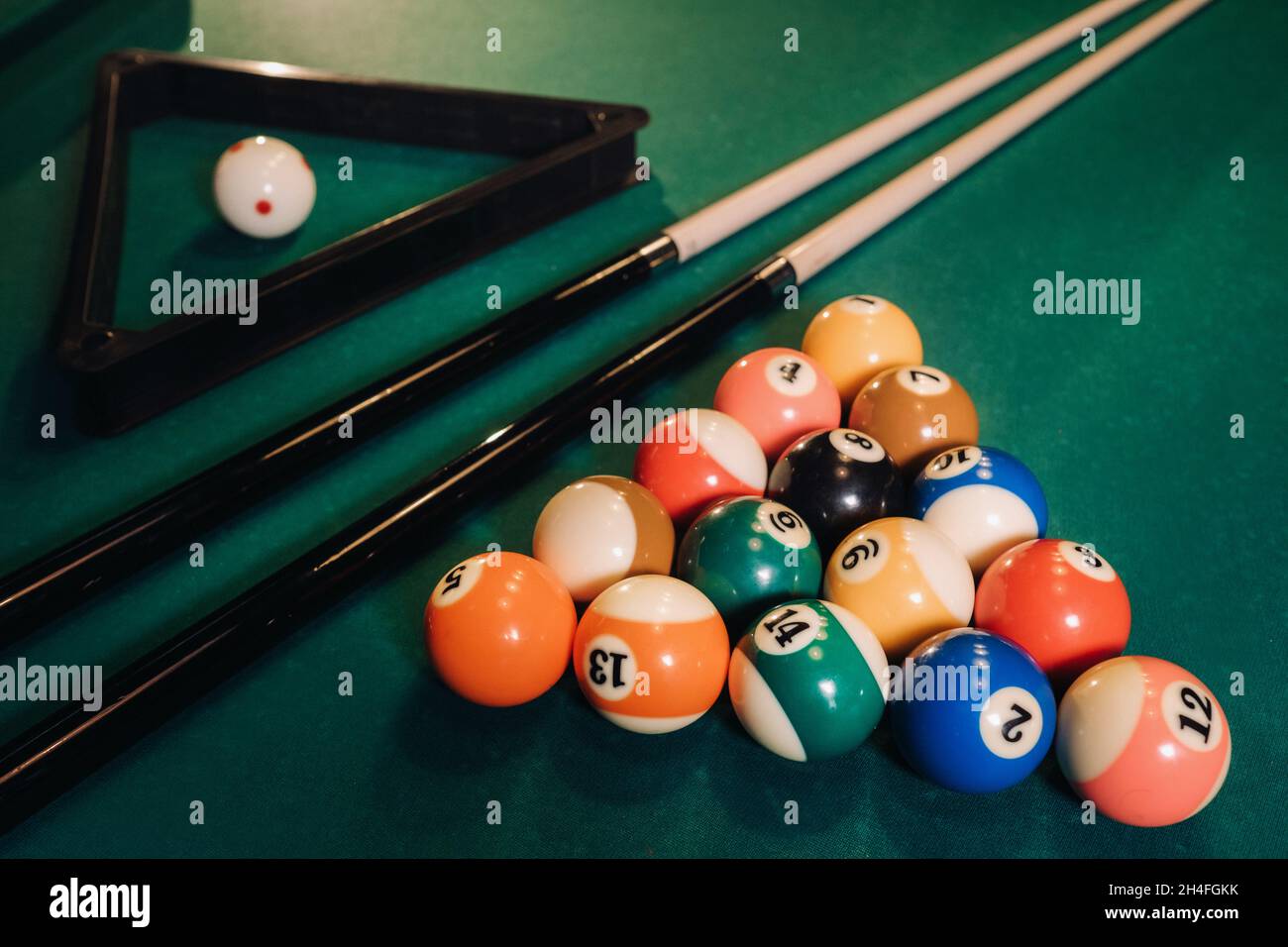 Billiard table with green surface and balls in the billiard club.Pool ...