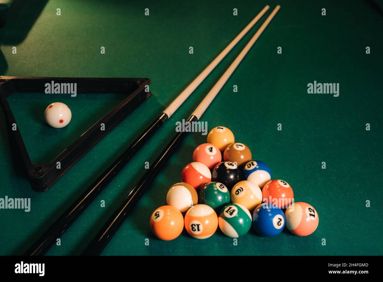 Billiard table with green surface and balls in the billiard club.Pool ...