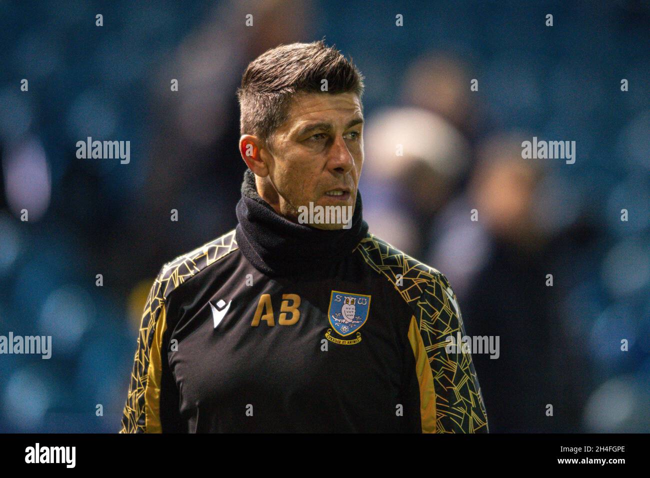 Adriano Basso goalkeeper coach of Sheffield Wednesday leading the warm ...