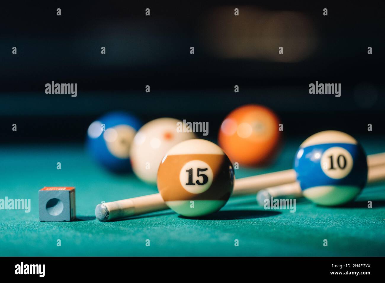 Billiard table with green surface and balls in the billiard club.Pool ...