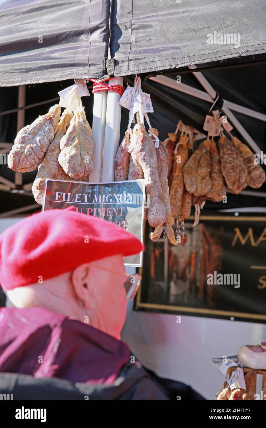 Cured hams for sale at the Fete du Piment, Espelette, Pays Basque ...