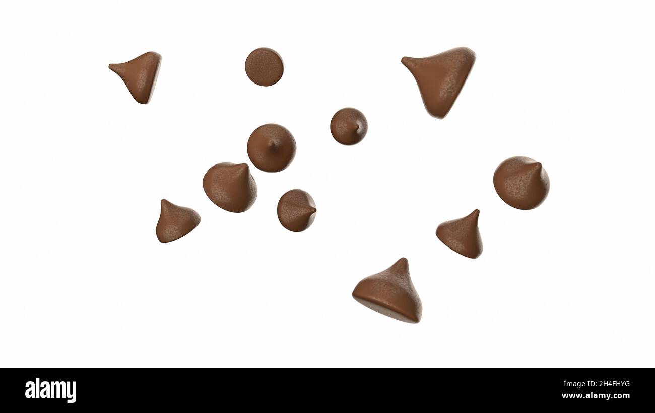 3D illustration of tasty chocolate chips falling from the top on white ...