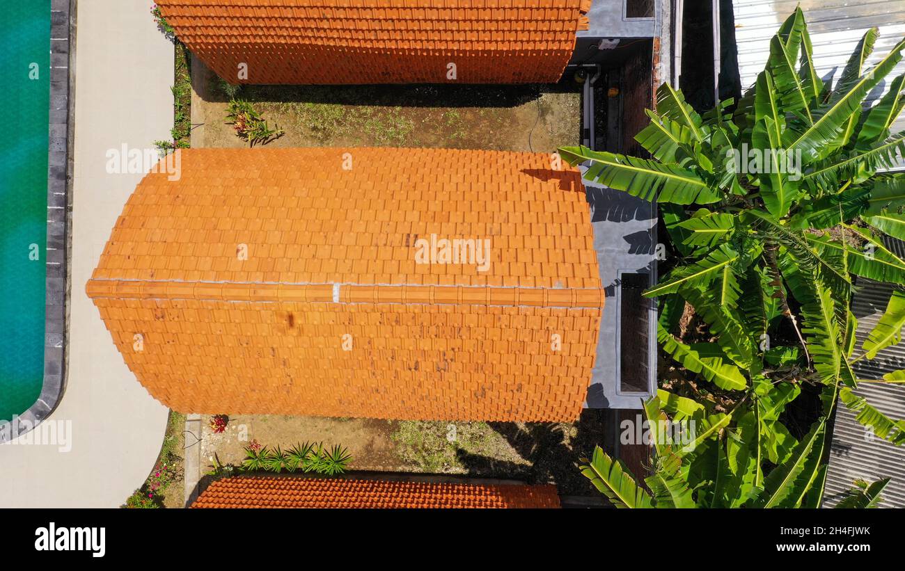 Aerial view of a resort and bungalows in tourist destination Ubud, Bali ...