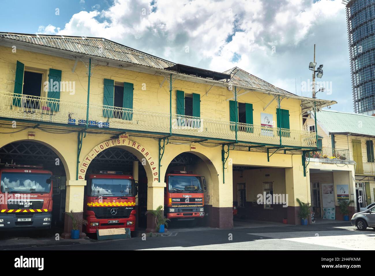 December 3, 2019.Mauritius, Port Louis. Fire trucks stand in the old ...