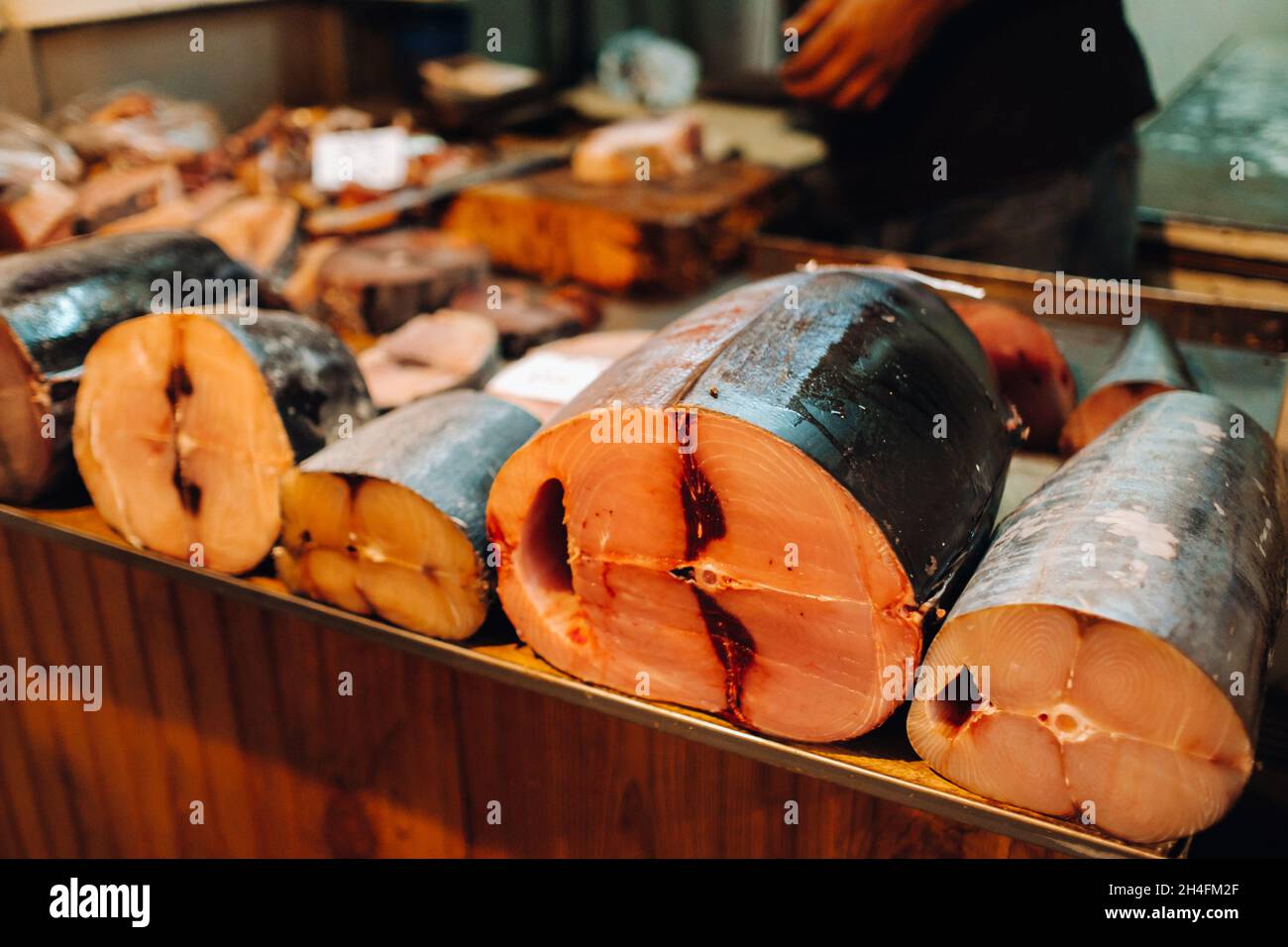 sale of fresh fish catch, pieces of fish at the traditional urban ...