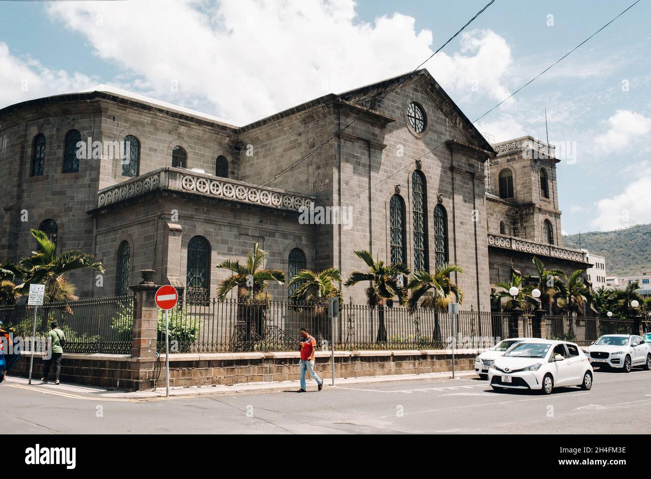 Port Louis, Mauritius is an old, historic, tall building with grey ...