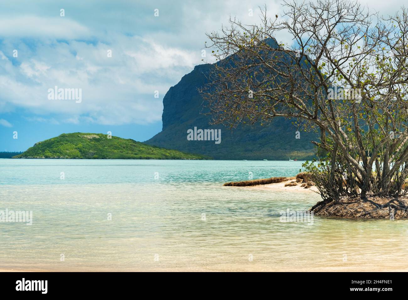beach and mountain in Le Morne-Brabant.Coral reef of the island of ...