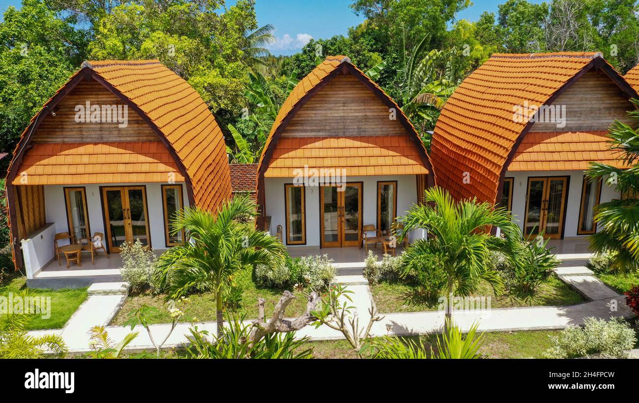 Aerial view of a resort and bungalows in tourist destination Ubud, Bali ...