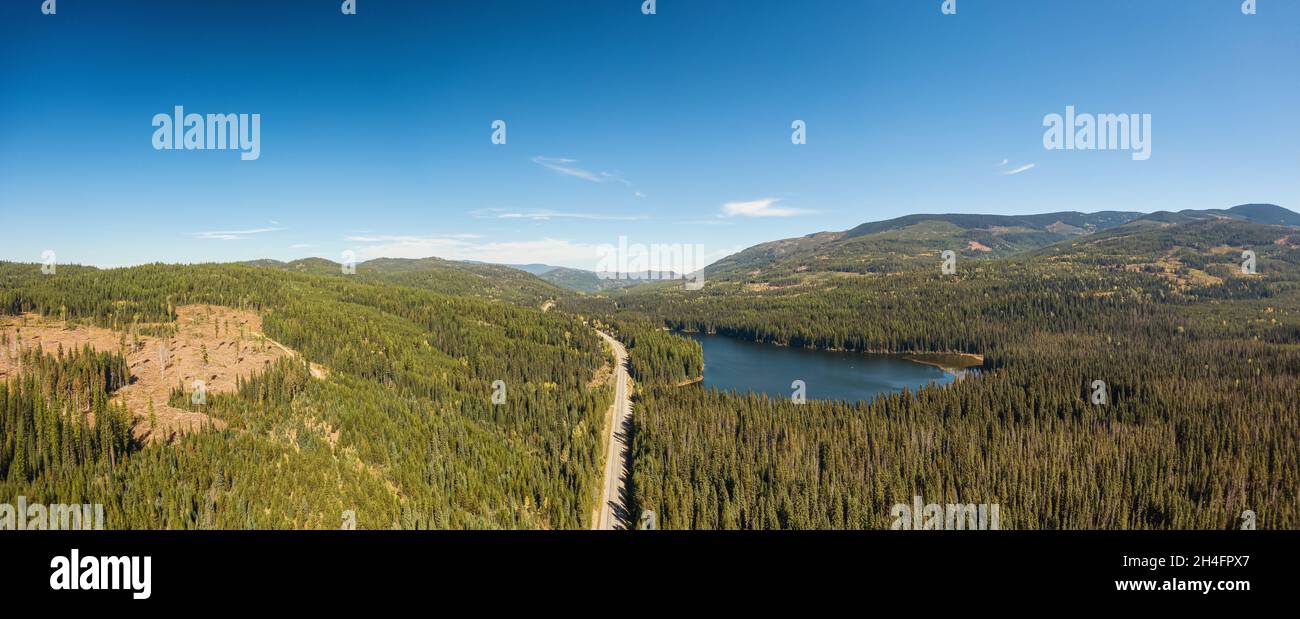 Aerial View of Crowsnest Hwy, Highway 3, during a sunny summer day ...