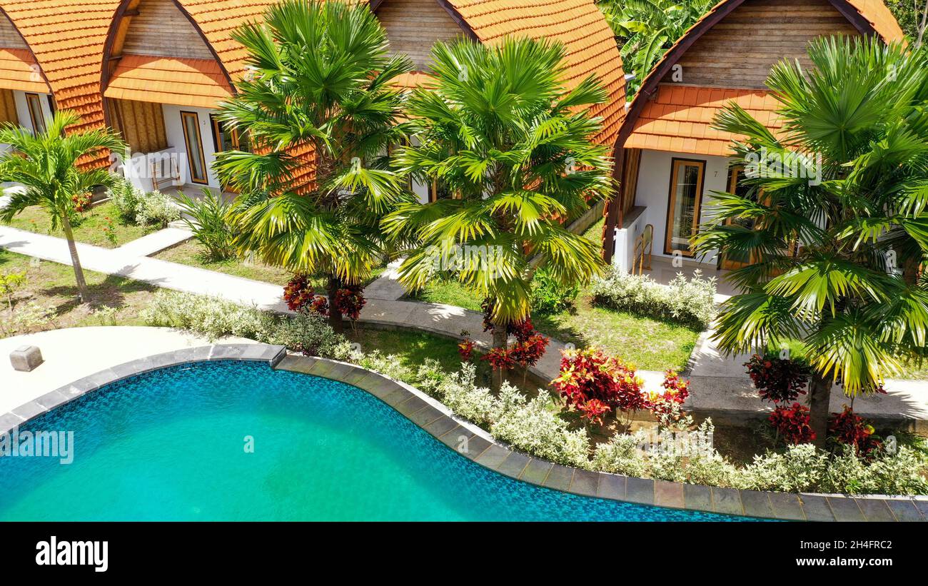 Aerial view of a resort and bungalows in tourist destination Ubud, Bali ...