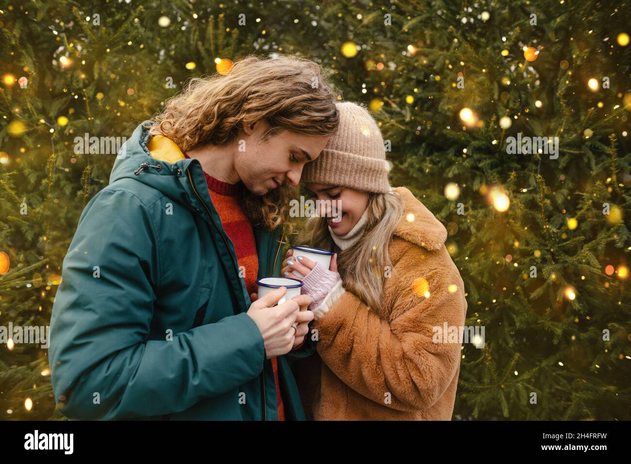 Cute Couple Having Winter Forest Picnic Drinking Tea from Tea Cup ...