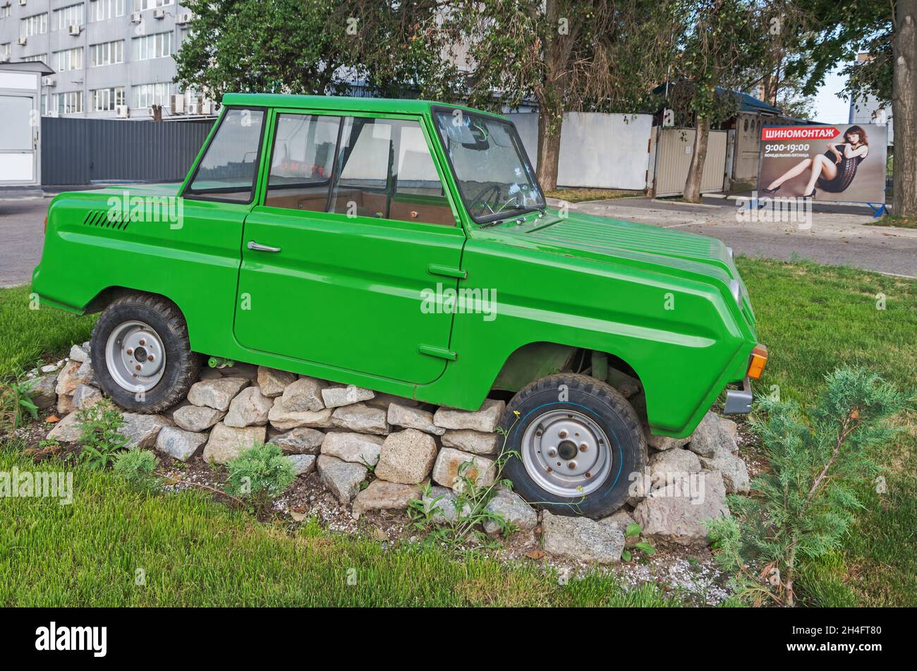 Dnipro, Ukraine - August 29, 2021: Monument Soviet microcar SMZ S-3D ...