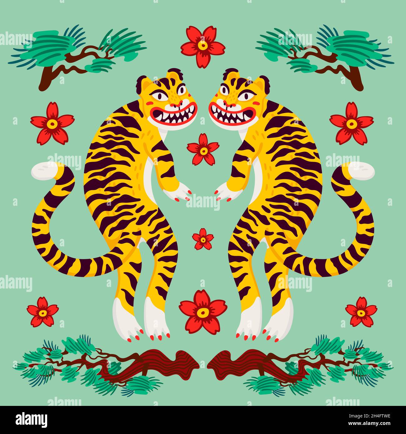 Asian Tiger symmetrical composition, vector tigers, and japanese pine ...