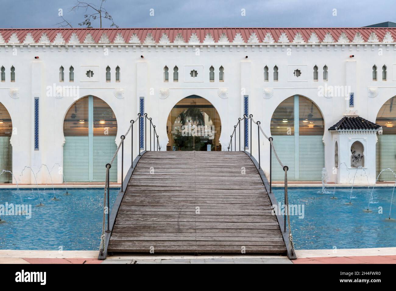 central view of the access bridge to the theme restaurant, facade with ...