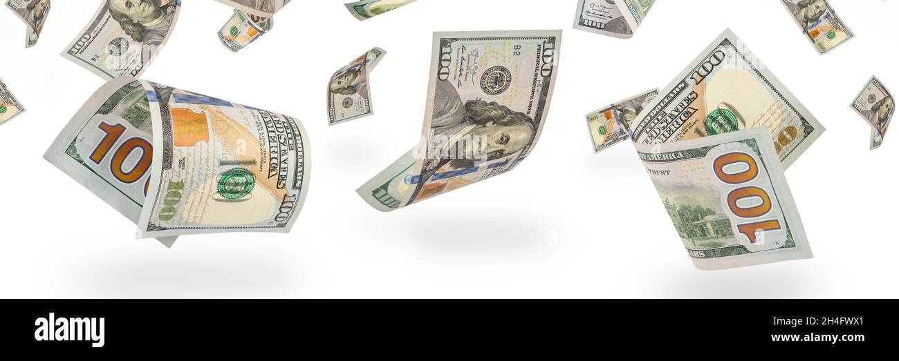 Money is falling from the sky. Isolate on falling white banknotes. One ...