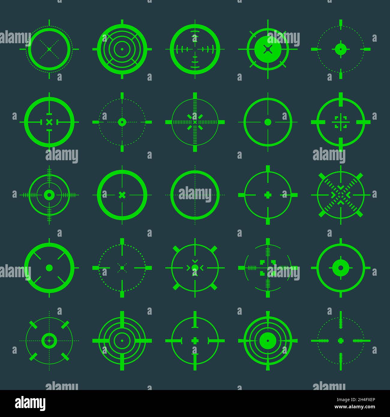Crosshair, gun sight vector icons. Bullseye, green target or aim symbol ...