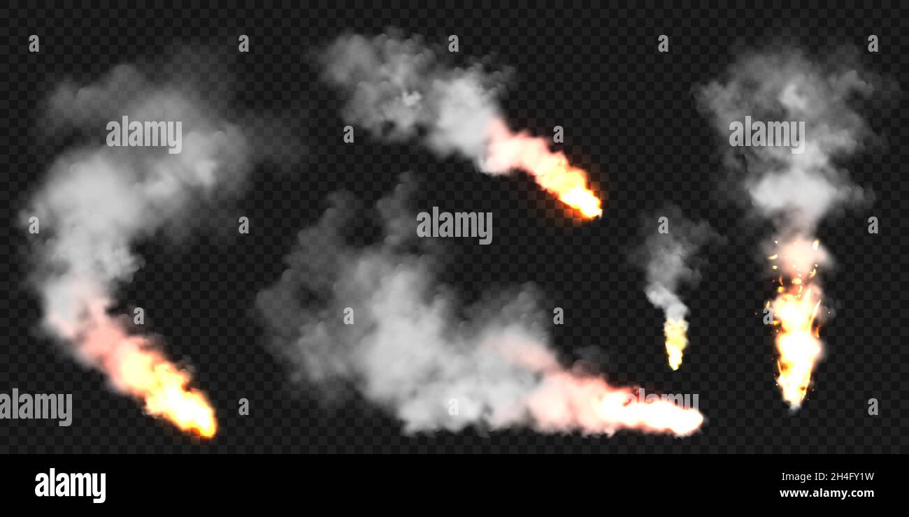 Realistic smoke clouds and fire. Flame blast, explosion. Stream of ...