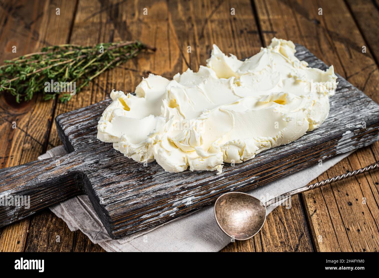 Mascarpone italian Cream cheese. Wooden background. Top view Stock ...