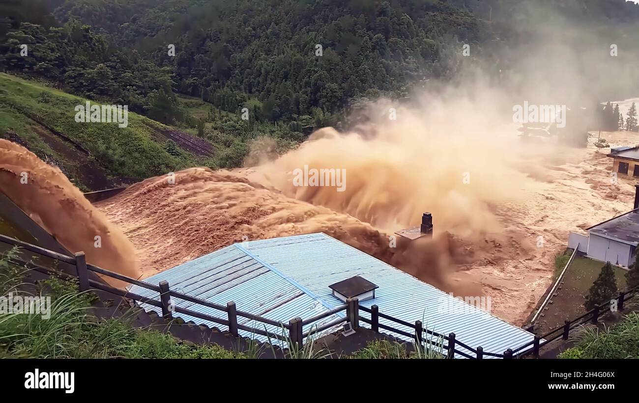 Aerial view from drone of a big flood that floods many houses, the ...