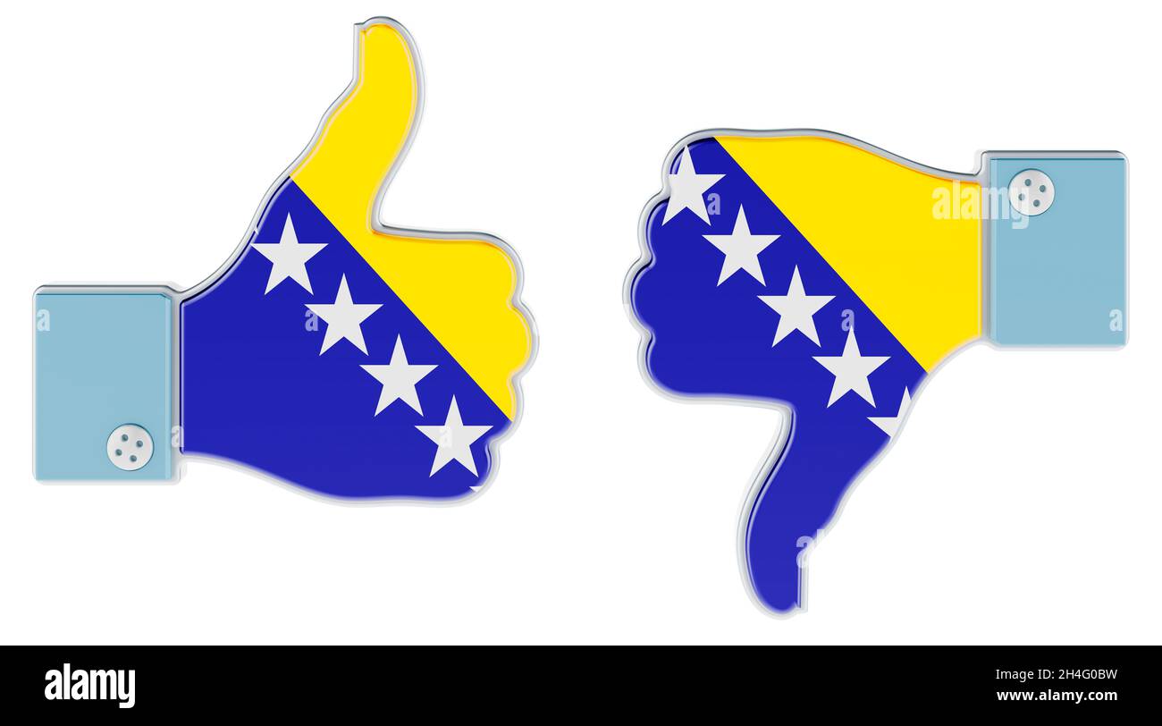 Bosnian flag painted on the hand with thumb up and thumb down. Like and ...