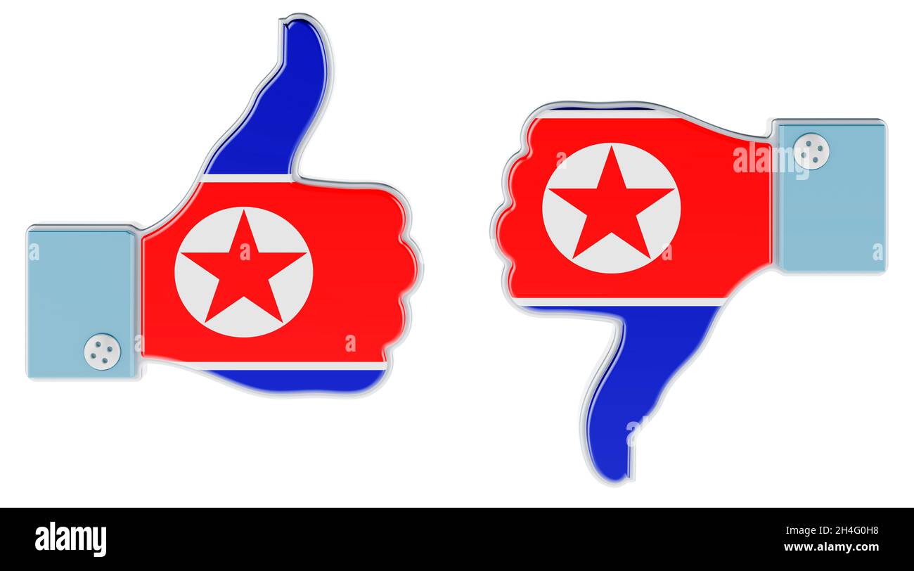 North Korean flag painted on the hand with thumb up and thumb down ...