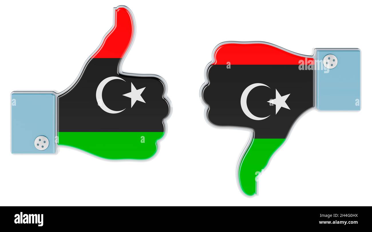 Libyan flag painted on the hand with thumb up and thumb down. Like and dislike in Libya, concept ...