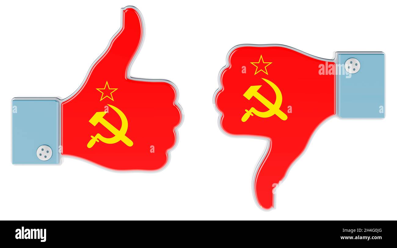 USSR flag painted on the hand with thumb up and thumb down. Like and ...