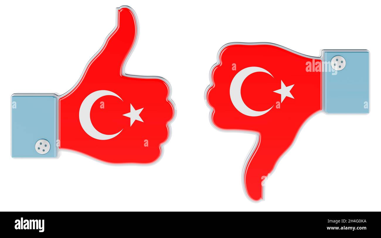 Turkish flag painted on the hand with thumb up and thumb down. Like and ...