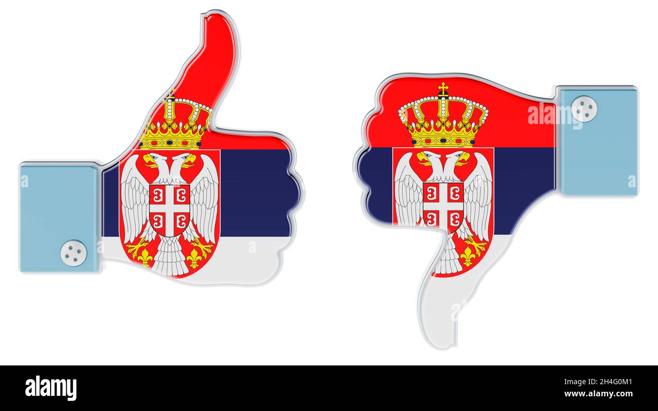 Serbian flag painted on the hand with thumb up and thumb down. Like and ...