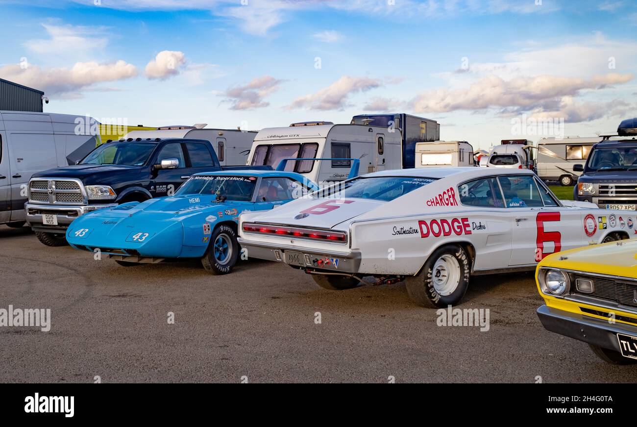 Classic American Muscle Drag Racing Cars In The Pit At The Santa Pod Raceway And Drag Strip