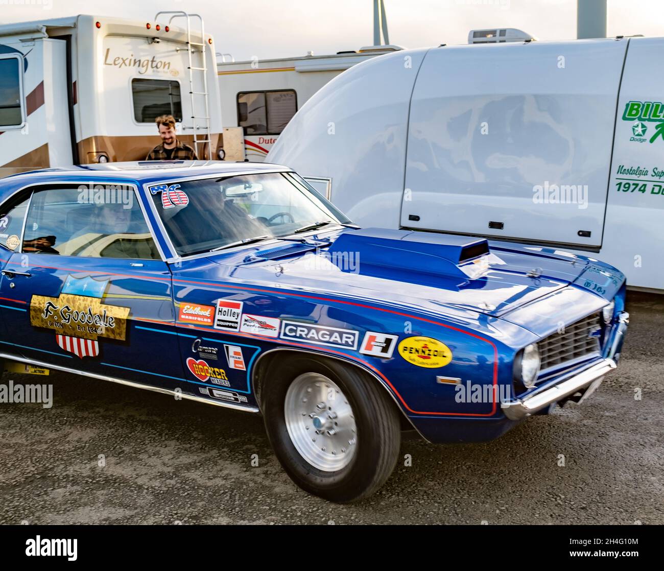 Dodge Charge American muscle drag racing car in the pit at the Santa ...