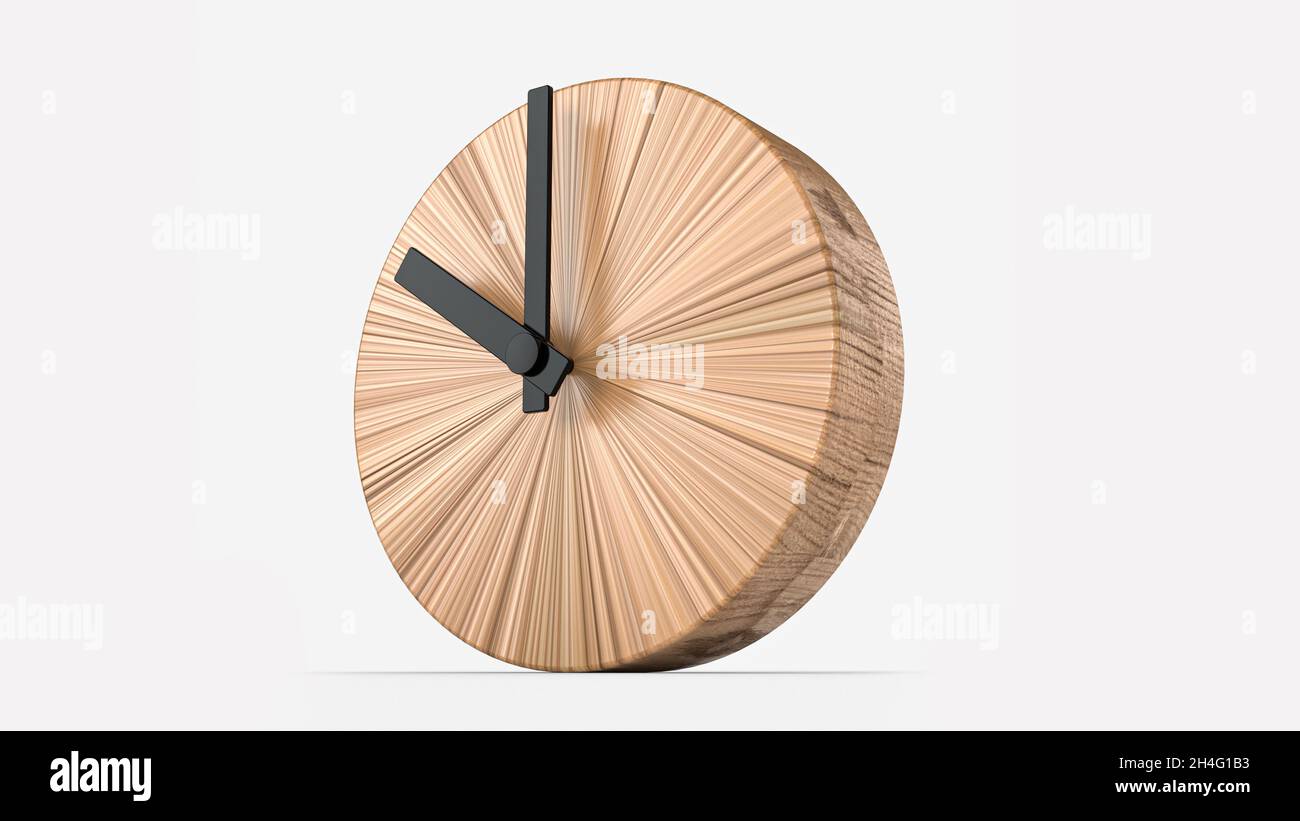 Minimalistic round wooden wall clock showing 10 o'clock on the white ...