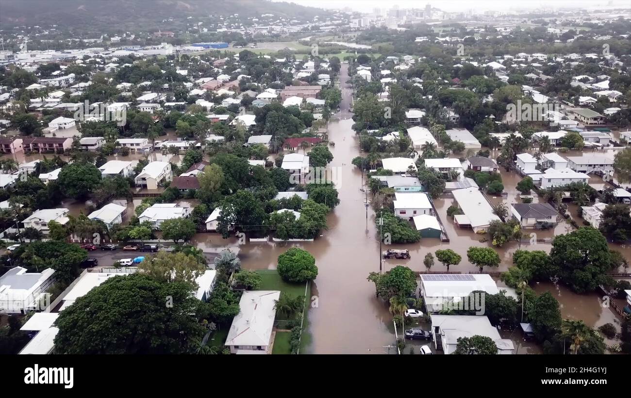 Aerial view from drone of floods affecting many houses in a dormitory ...