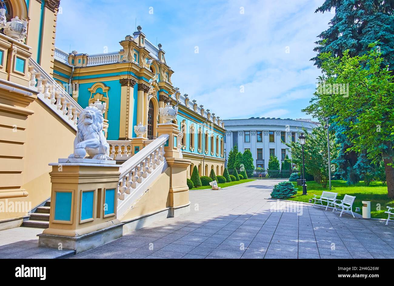 The outer staircase of Mariinskyi Palace, decorated with white vases ...